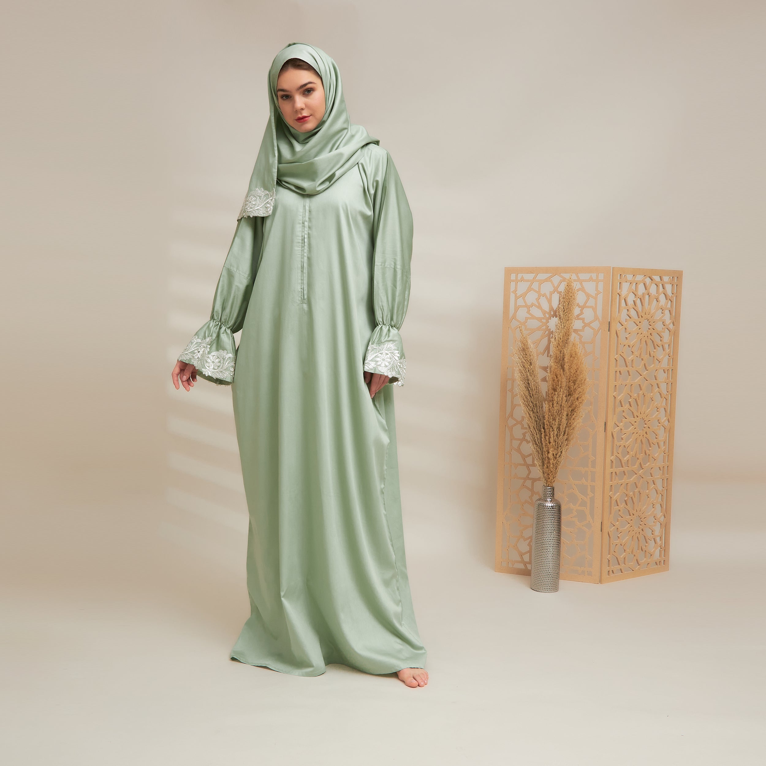 Shayla Style Cotton Silk Prayer Wear – Light Pistache – ISHQ